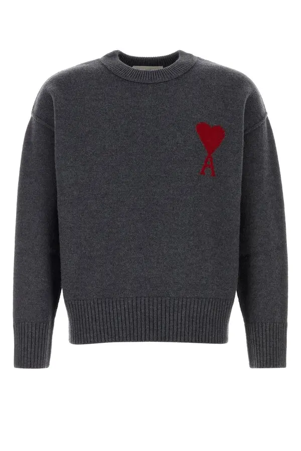 AMI Paris Pure Virgin Wool Crew Neck Sweater With De Coeur Embroidery