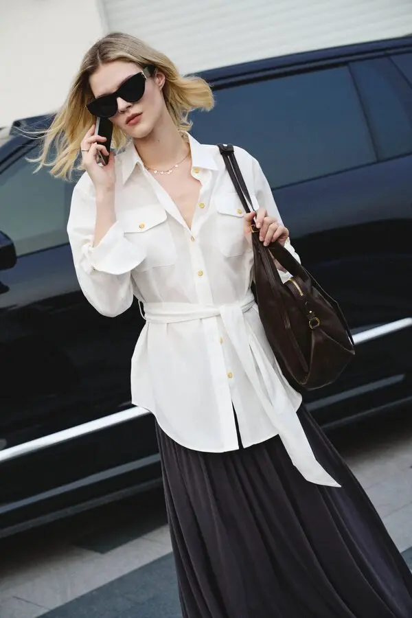 Fabrique Faye Belted Safari Blouse With Roll-tab Sleeves