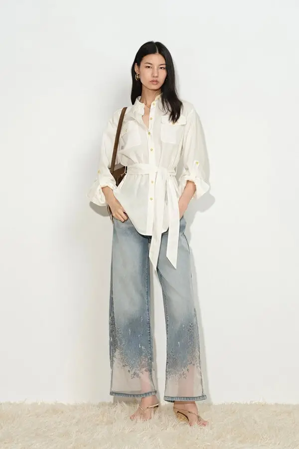Fabrique Faye Belted Safari Blouse With Roll-tab Sleeves - White