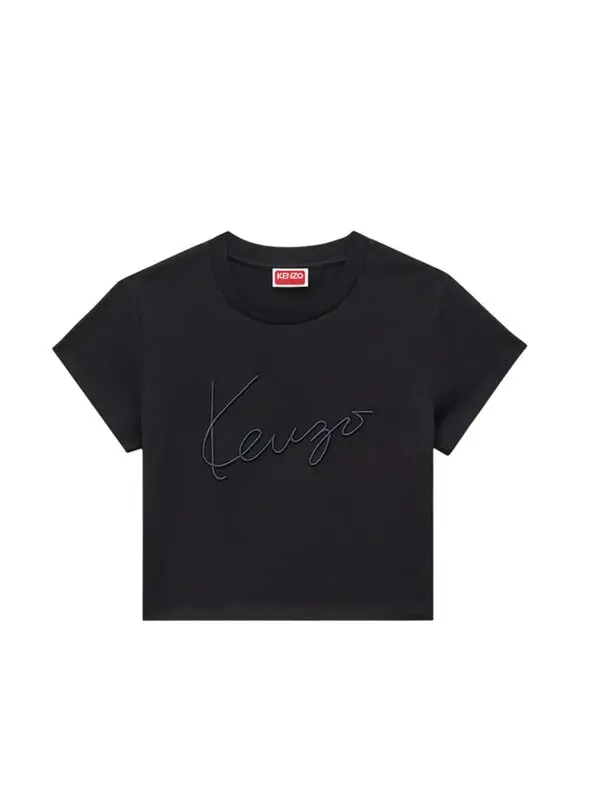 Kenzo Signature` Embroidered Cotton Cropped T-shirt - Black