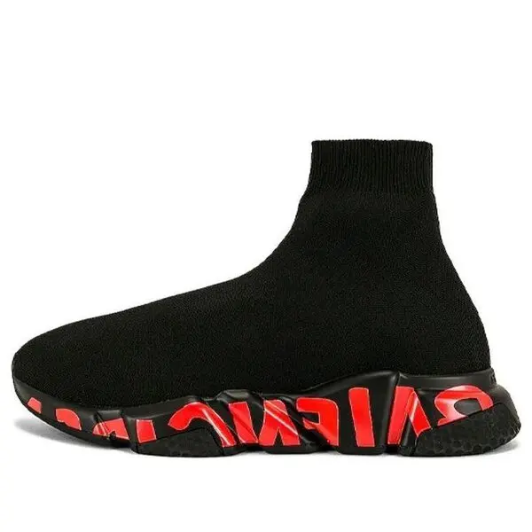 Balenciaga Speed 2.0 Knit Sneakers With Red Graffiti Detailing - Black/red