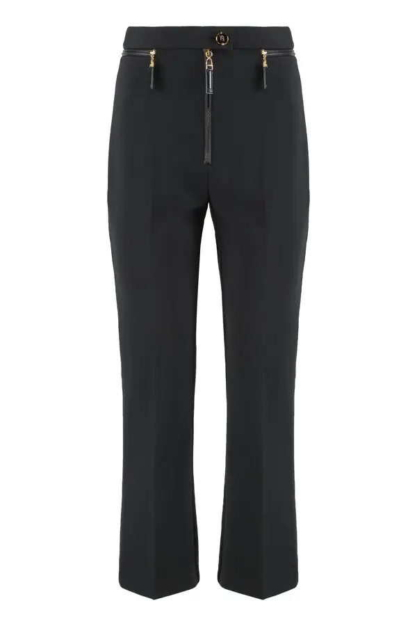 Elisabetta Franchi Double Crepe Trousers With Tonal Piping & Enamel Logo Button - Black