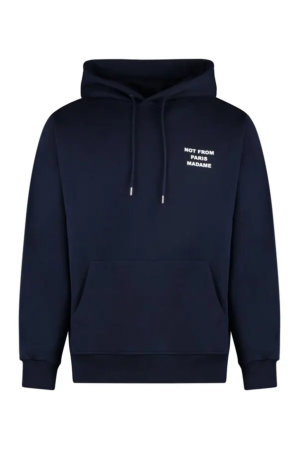 Drole De Monsieur Slogan Hooded Sweatshirt With Ribbed Cuffs - Blue