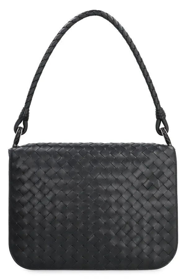 Bottega Veneta Intrecciato Leather Swing Messenger Bag With Magnetic Flap Closure, 35cm Width - Black