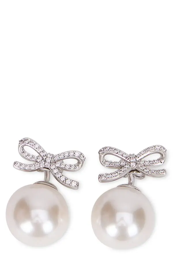 SELF-PORTRAIT Crystal-embellished Bow Drop Earrings With Faux Pearl
