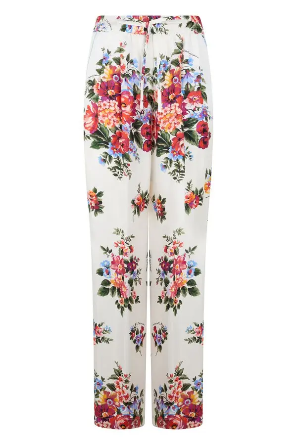 Dolce & Gabbana Floral Silk Wide-leg High-waist Pants - White