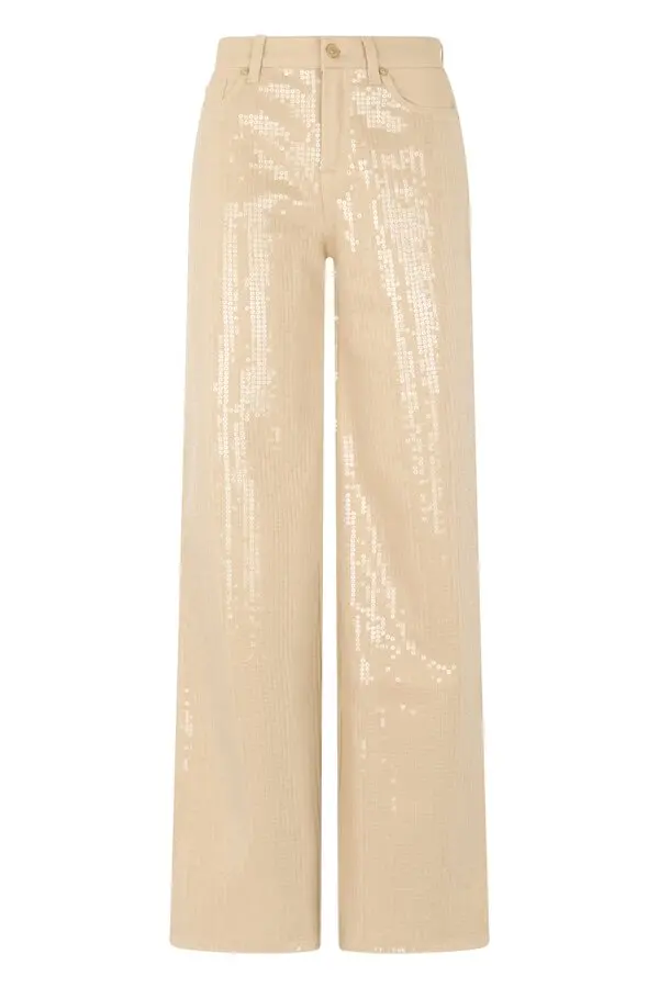 7 For All Mankind Cotton Wide-leg Trousers With Transparent Sequin Detail - Beige