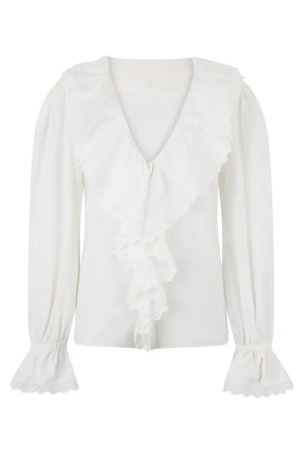 Alberta Ferretti V-neck Cotton Poplin Blouse With Ruffle & San Gallo Lace - White