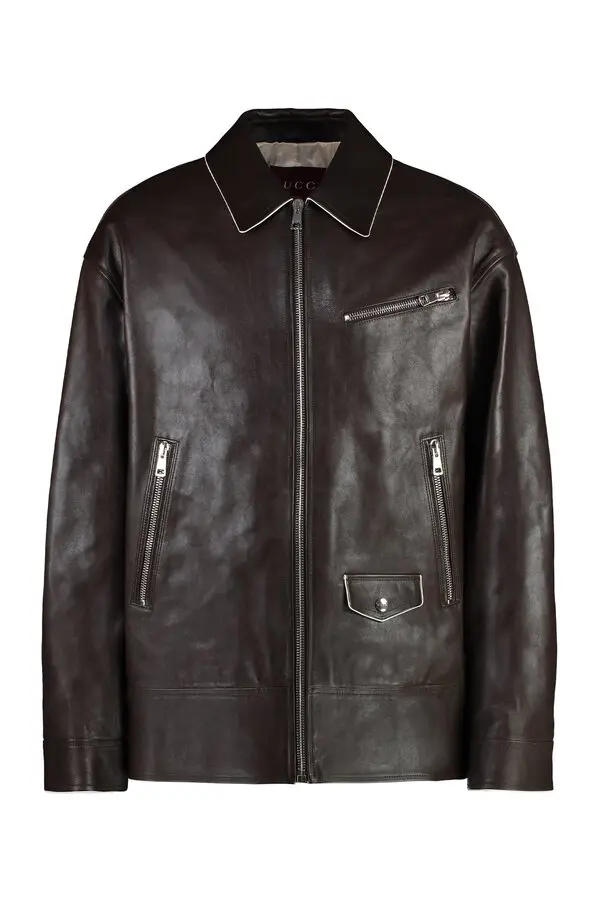 Gucci Lamb & Calf Leather Zip-up Jacket With Contrasting Details