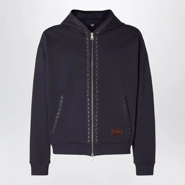 Fendi S Leather-stitched Knit Sweater With H-j Detail - Navy