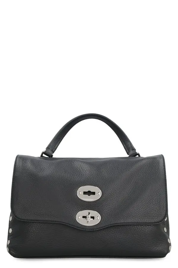 ZANELLATO Postman Grainy Calf Leather Handbag With Studded Flap And Crossbody Strap - Black