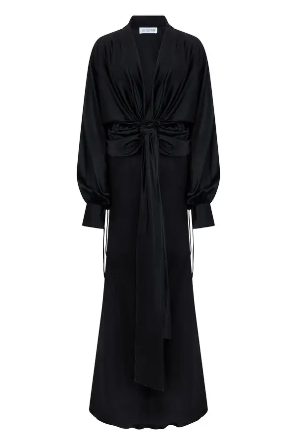 LES FILLES D'EVA Long Draped Satin Evening Gown With Plunge Neckline And Long Sleeves