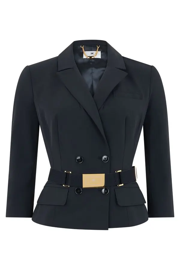 Elisabetta Franchi Stretch Fabric Fitted Jacket With Waist Belt - Black