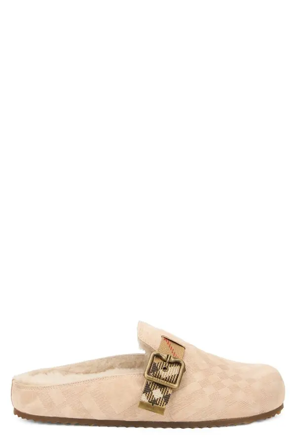 Burberry Suede Shearling Flat Mules With Decorative Buckle - Beige