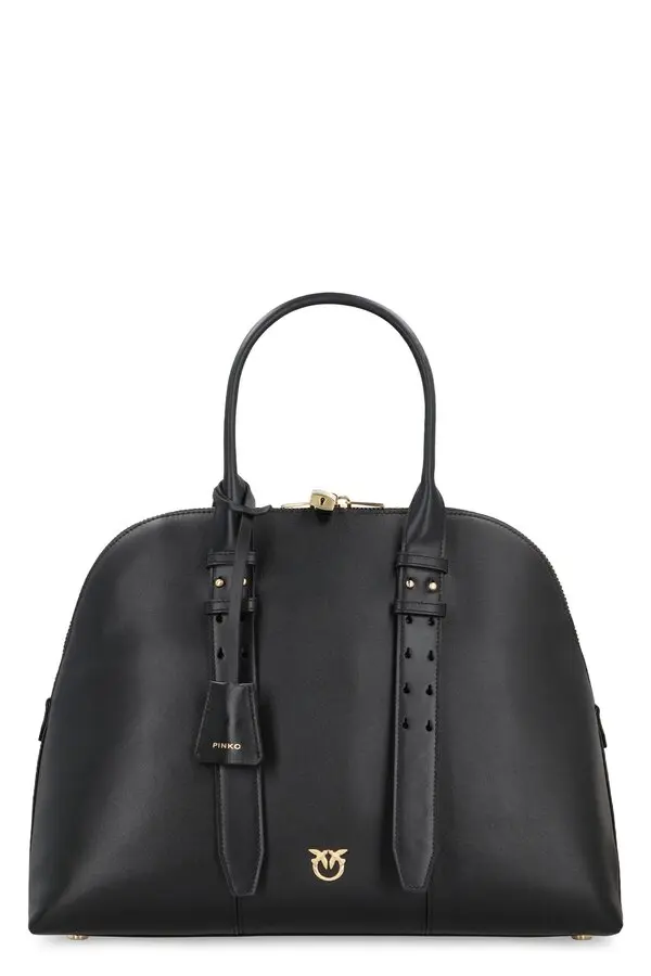 Pinko Maxi Leather Bowling Handbag With Double Zip Padlock Detail And Double Handle - Black