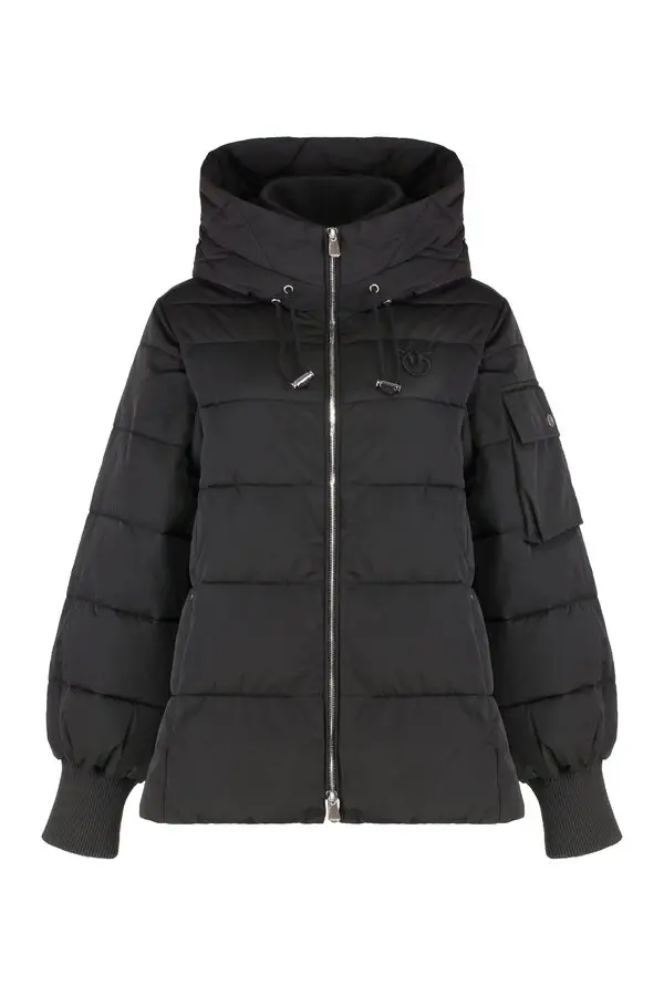 Pinko Hooded Short Padded Down Jacket With Drawstring Hem - Black