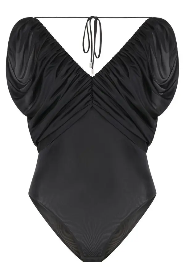 Pinko Gathered Nylon Bodysuit With Lace-up Detail - Black