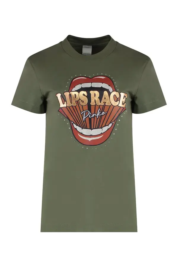 Pinko Rhinestone Front Print Cotton Crew-neck T-shirt - Green