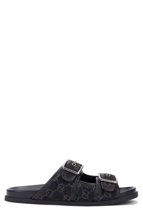 Gucci Denim Slider Sandals With Double Buckle Closure
