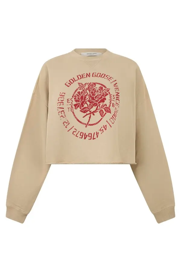 GOLDEN GOOSE Cropped Cotton Sweatshirt With Logo Print - Beige
