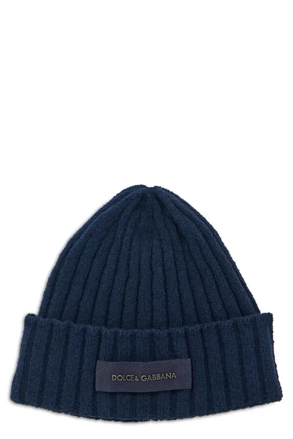 Dolce & Gabbana Ribbed Knit Beanie With Front Logo Label - Blue