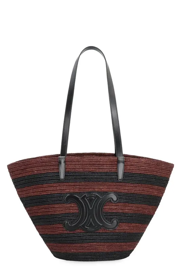 Celine Raffia Classic Tote Handbag With Leather Handles And Removable Zip Pouch - Multicolor