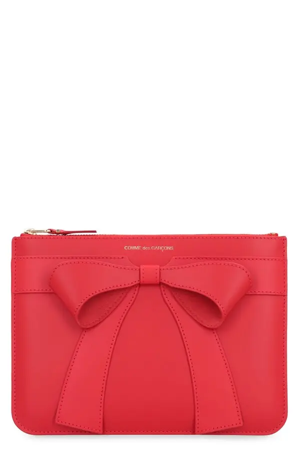 Comme Des Garçons Leather Pouch Handbag With Bow Applique, 21.5 Cm X 16 Cm - Red