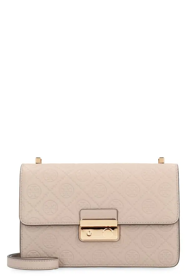 Tory Burch T Monogram Leather Mini Shoulder Handbag With Flap And Gold-tone Hardware