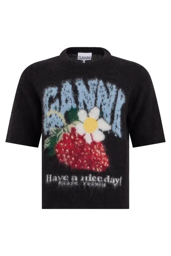 GANNI Short-sleeve Sweater With Graphic Front - Black