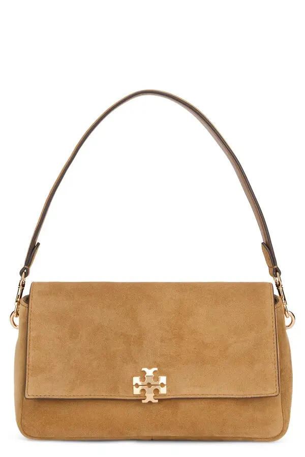 Tory Burch Charlie Suede Shoulder Handbag With Gold-tone Front Closure - Camel