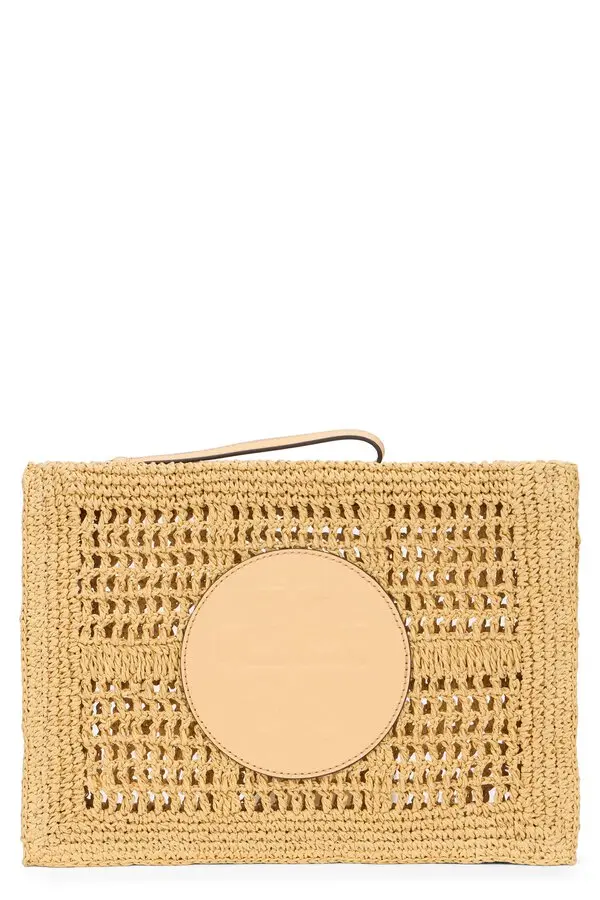 Tory Burch Raffia Crochet Mini Pouch Handbag With Removable Logo Handle - Beige