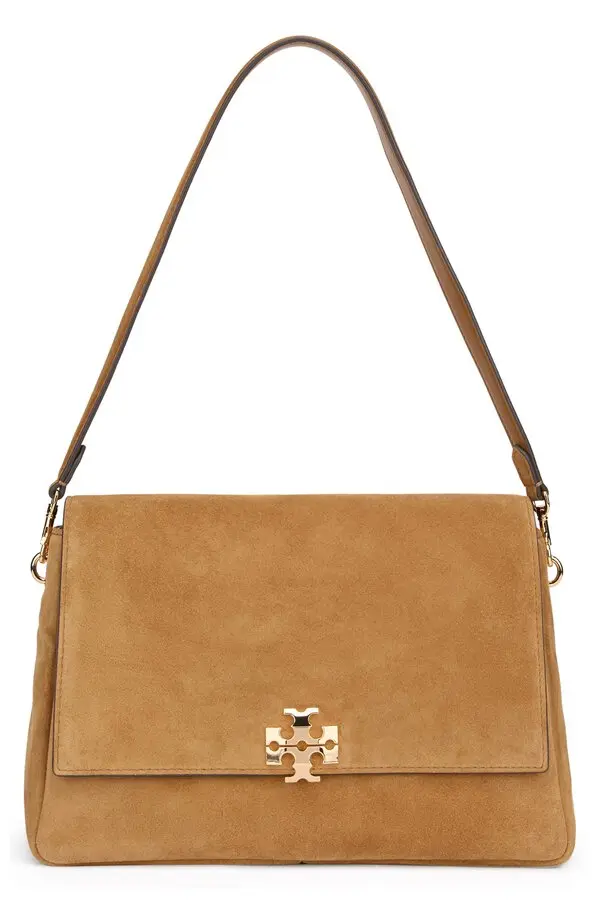 Tory Burch Elegant Suede Shoulder Handbag With Metallic Front Detail - Camel