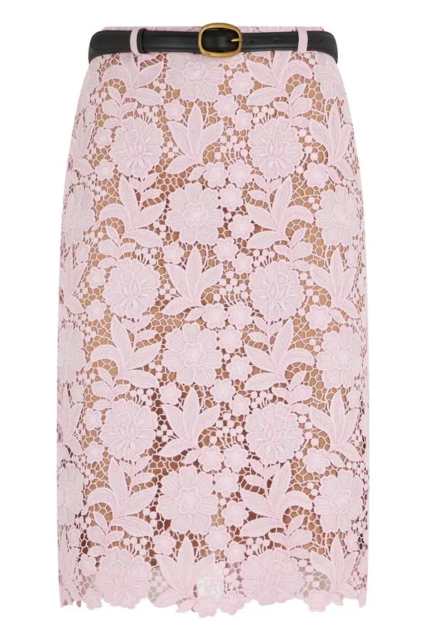 SELF-PORTRAIT Floral Lace Midi Skirt With Fitted Silhouette And Contrast Waistband - Pink