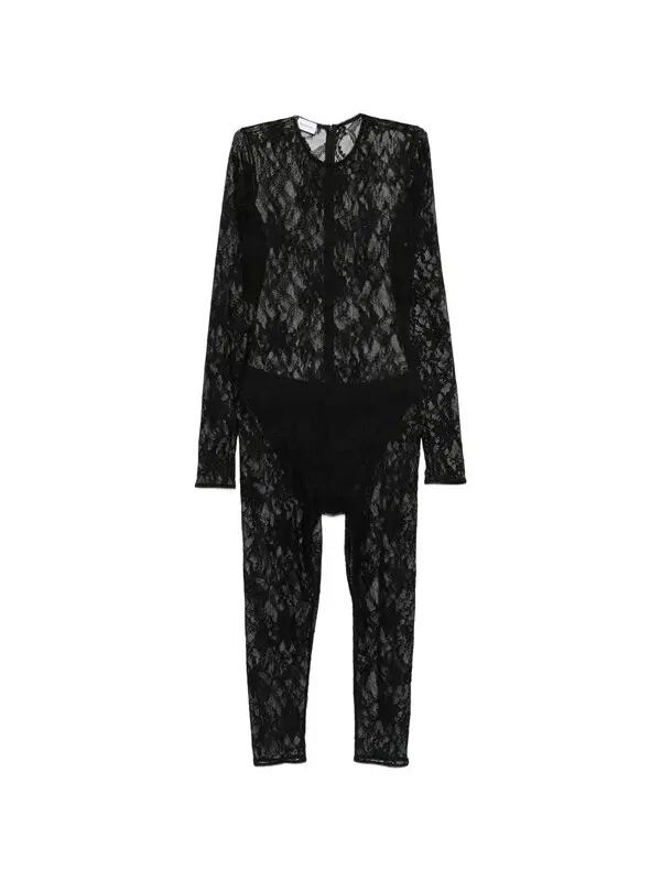 Andamane Round Neck Long Sleeve Zip Up Lace Dress - Nero
