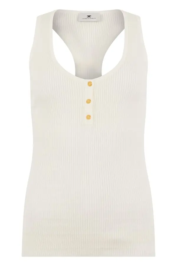Elisabetta Franchi Ribbed Deep V-neck Button Tank Top - White