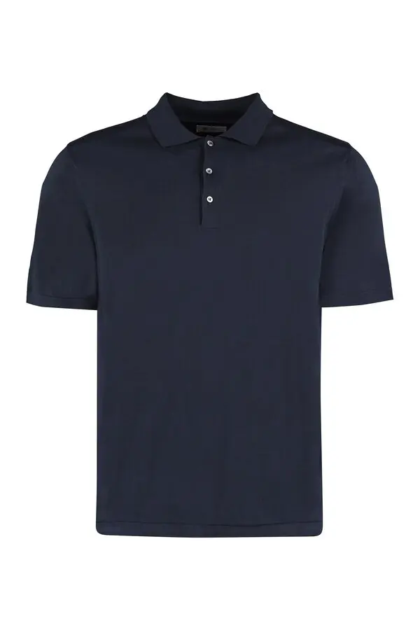 THE ALPHABET The Cotton Knit Polo Shirt With Side Slit Hemline - Blue