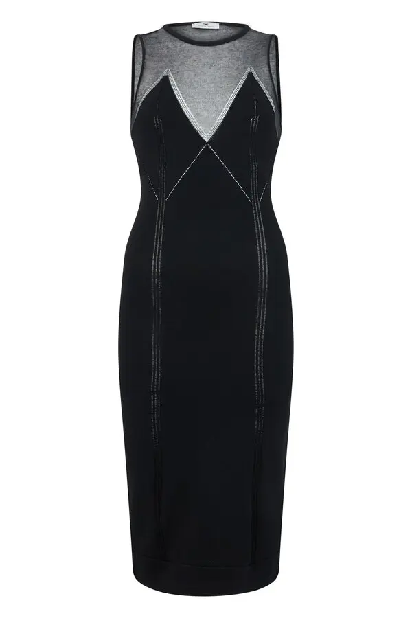 Elisabetta Franchi V-neck Fitted Knit Dress With Sheer Panel Details - Black