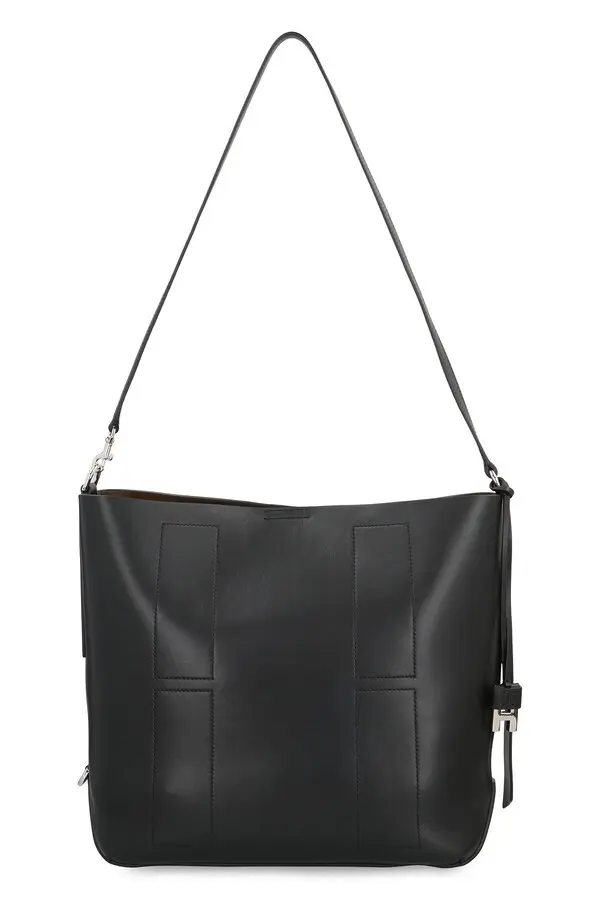 Hogan Leather Hobo Handbag With Removable Logo Charm, Zip Clutch & Adjustable Shoulder Strap, 41 Cm - Black