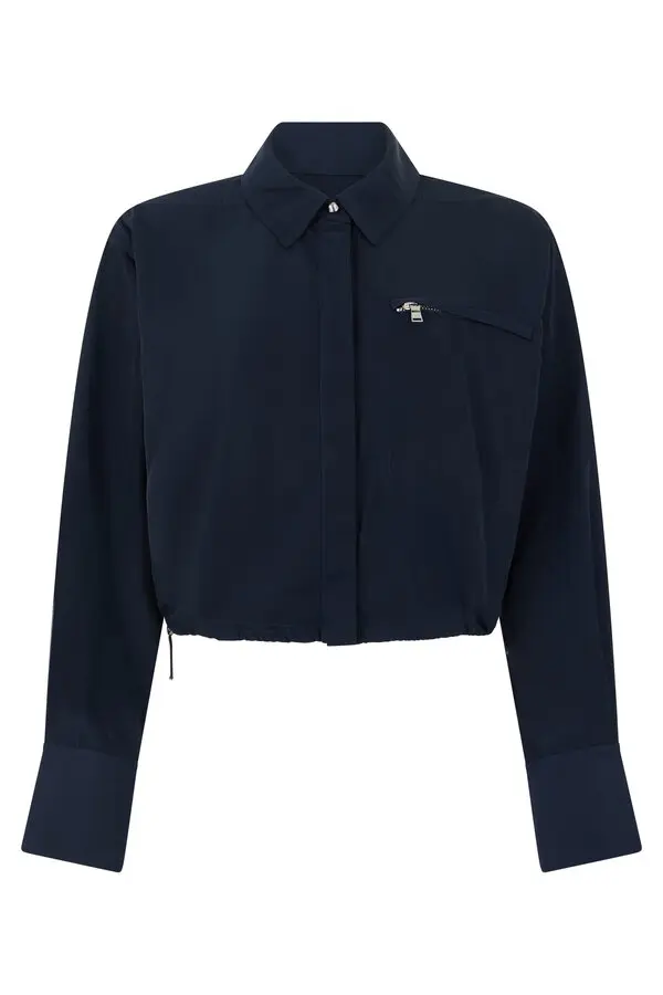 Veronica Beard Cropped Taffeta French-collar Shirt With Drawstring Waist - Blue