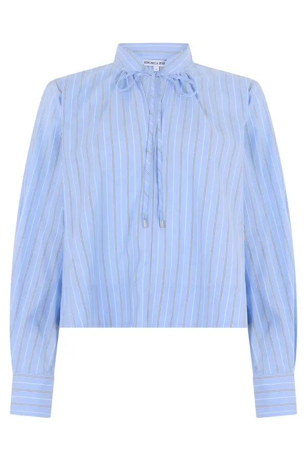 Veronica Beard Striped Long-sleeve Cropped Blouse With Buttons - Light Blue