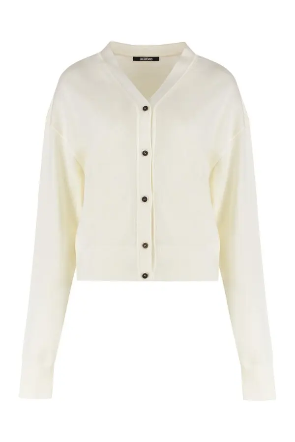 Jacquemus Merino Wool V-neck Cardigan With Back Embroidered Logo - Panna