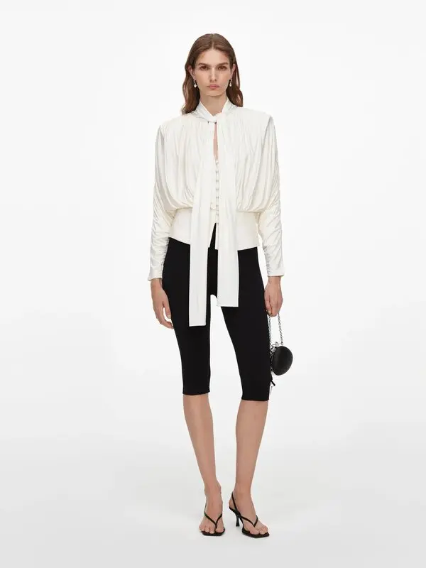 SELF-PORTRAIT Inspired Pussy Bow Button-front Shirt With Removable Shoulder Pads - Bianco