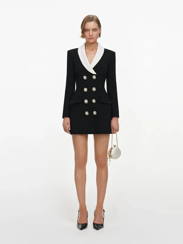 SELF-PORTRAIT Wool Crepe Dress With Contrasting Collar - Nero