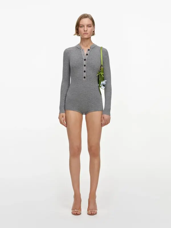 SELF-PORTRAIT Fitted Wool-blend Button-front Crew Neck Dress - Grigio