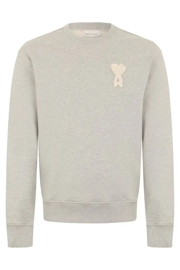 AMI Paris Cotton Crewneck Sweatshirt With Embroidered Chest Detail - Heather Grey