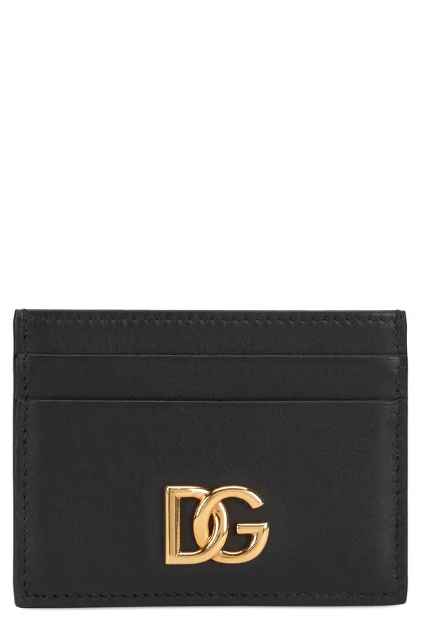 Dolce & Gabbana Mini Leather Cardholder Wallet With Gold Logo - Black