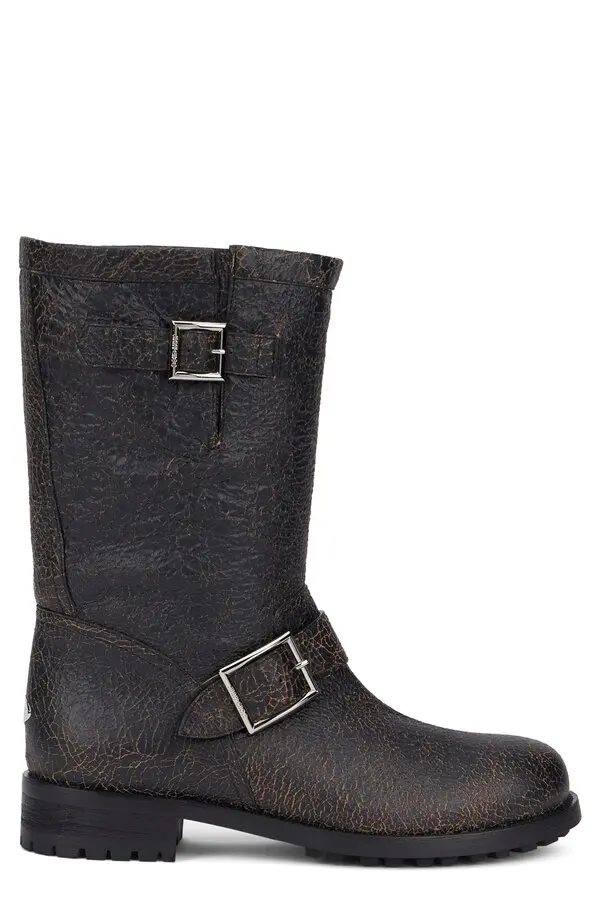 JIMMY CHOO Biker Leather Ankle Boots With Crackled Effect And Side Buckles