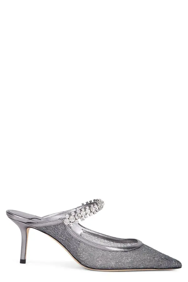 JIMMY CHOO Pointed Toe Kitten Heel Shoe With Rhinestone Strap - Silver