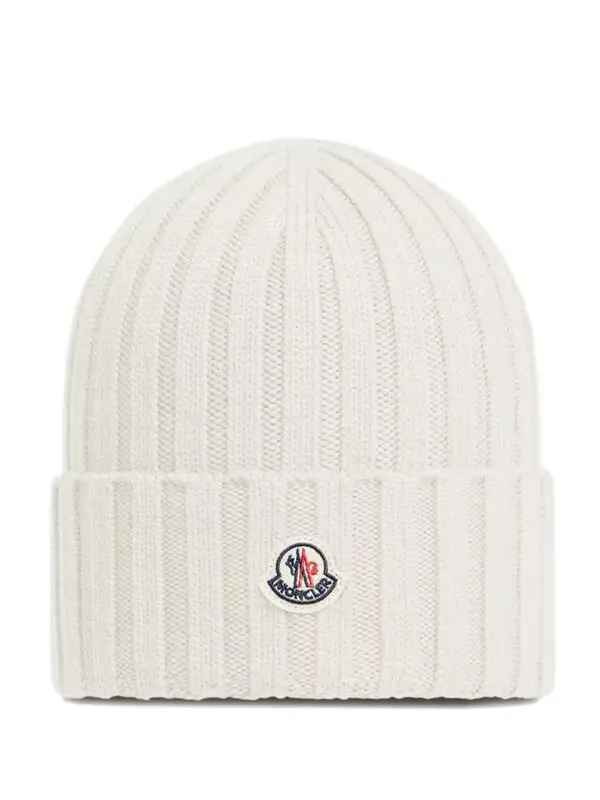 Moncler Rib Knit Logo Patch Beanie - Bianco