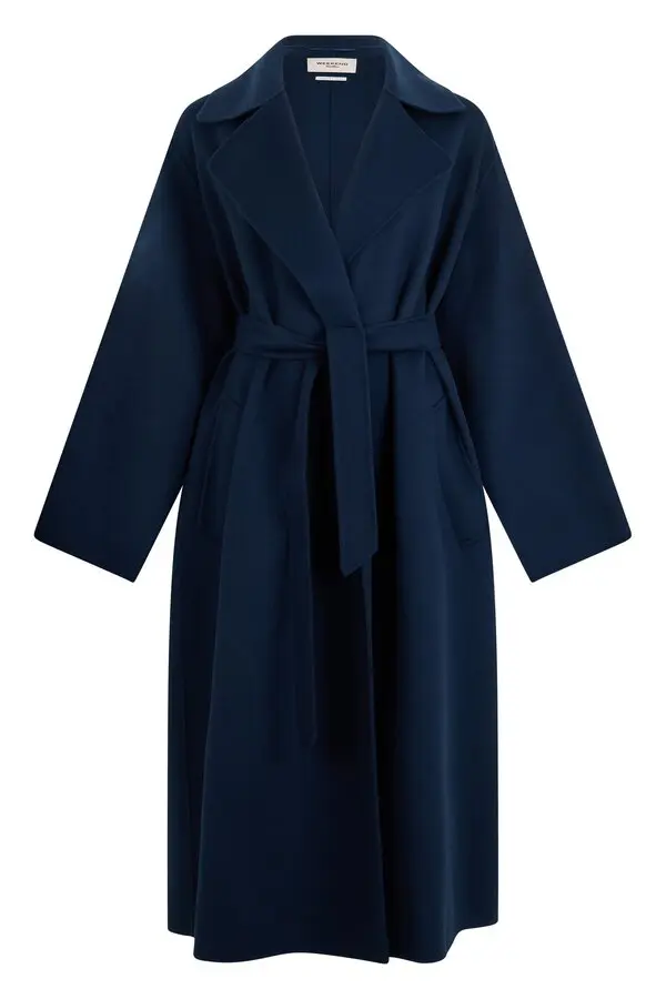 Max Mara Long Virgin Wool Belted Lapel Coat - Blue